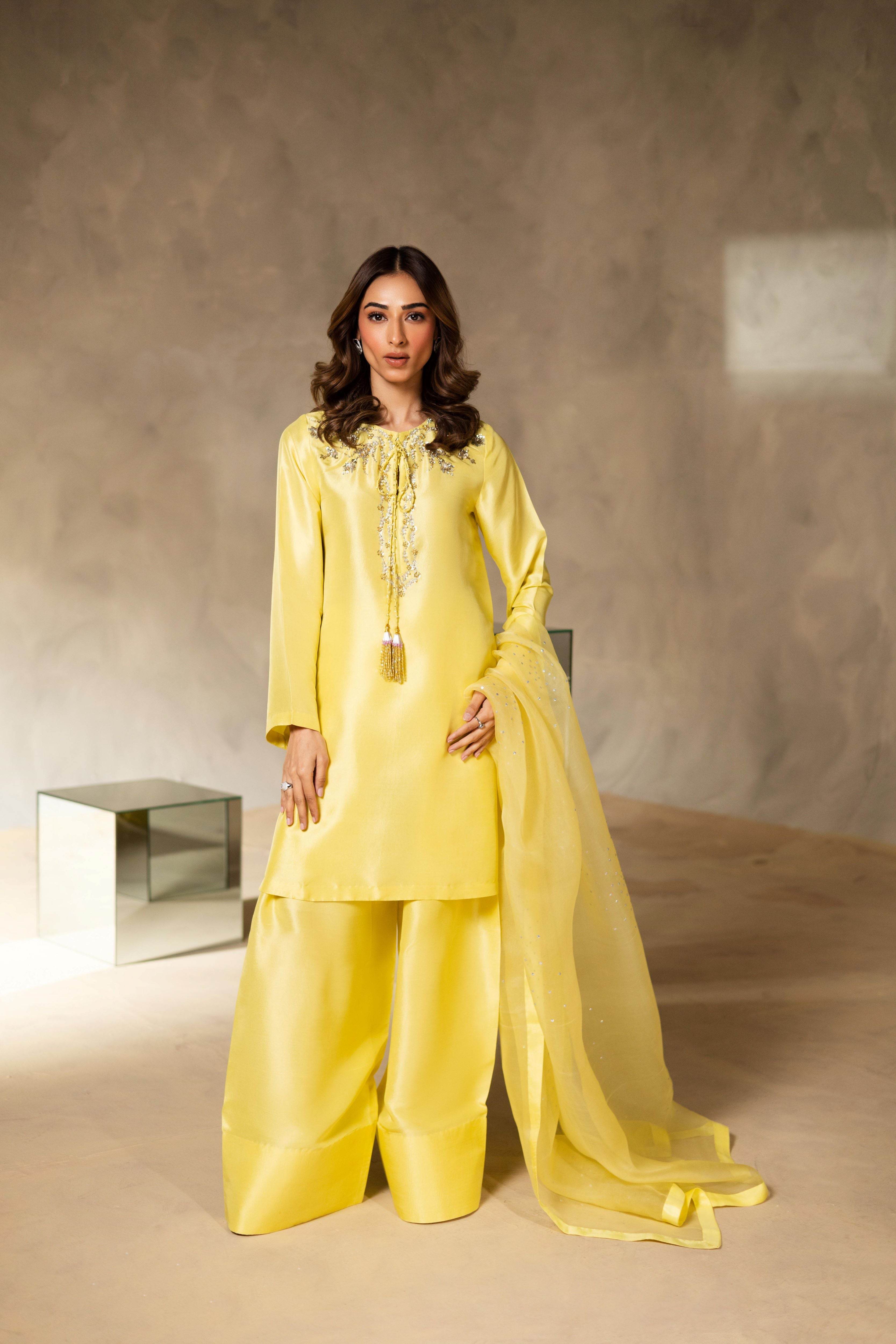 Helen Canary Yellow Rawsilk Ensemble - Embroidered Luxury Collection